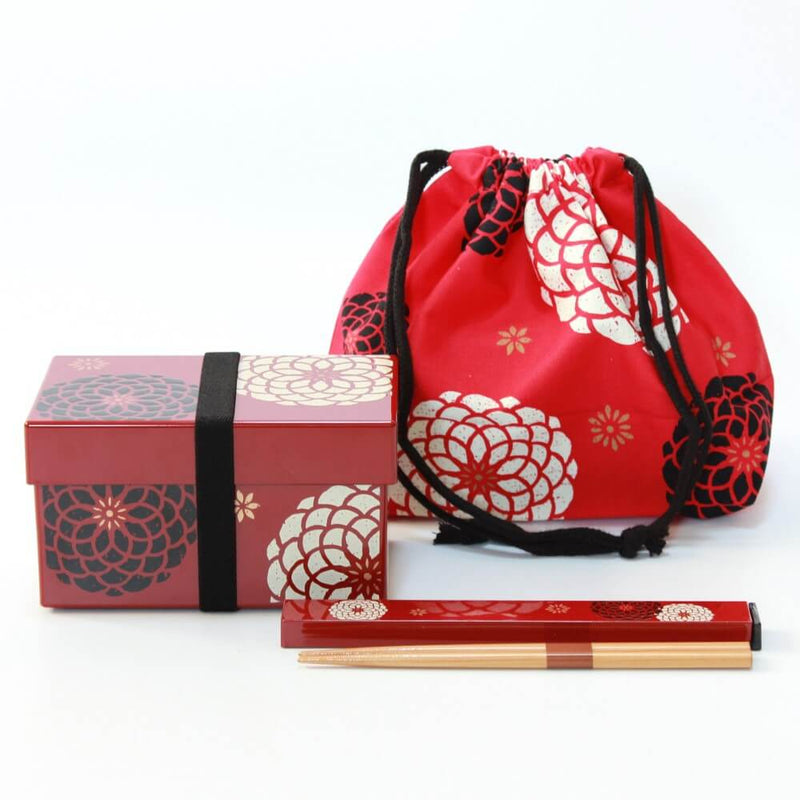 Red and chrysanthemum themed bento box set | Made in Japan