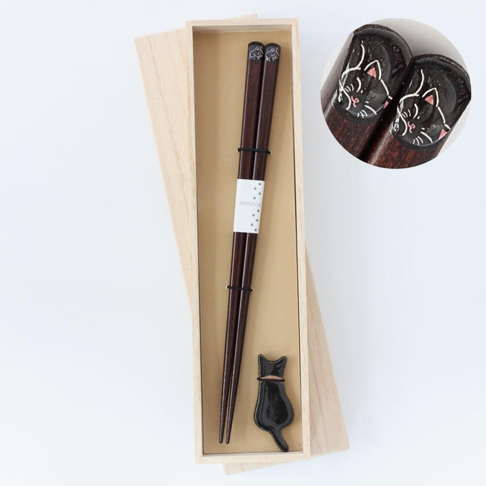 Black cat design chopsticks and rest gift set | Hand made