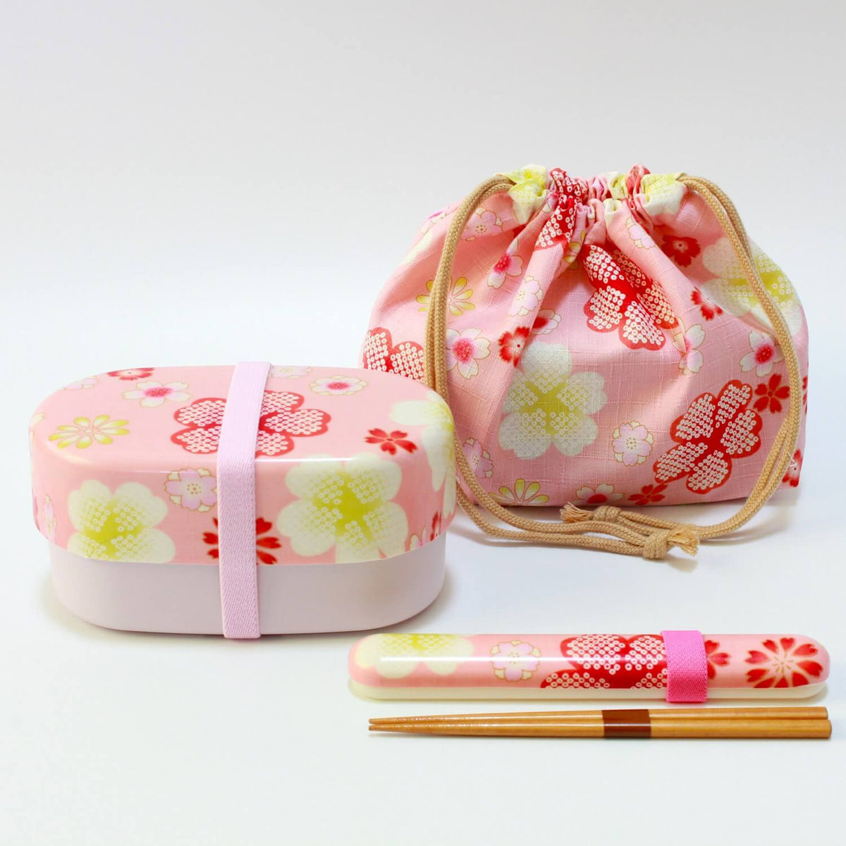 Pink sakura bento box, bento bag and chopsticks set