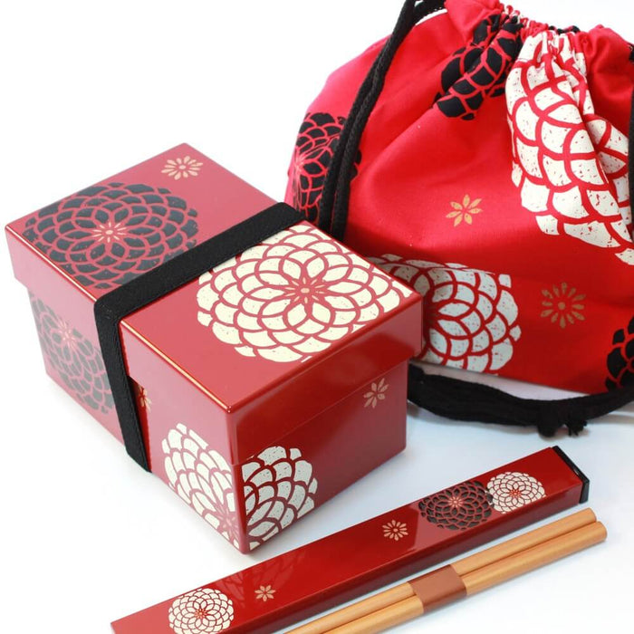 Red and chrysanthemum themed bento box set | Made in Japan