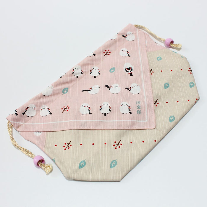Shima enaga bushtit bird kinchaku bento lunch bag | Pink