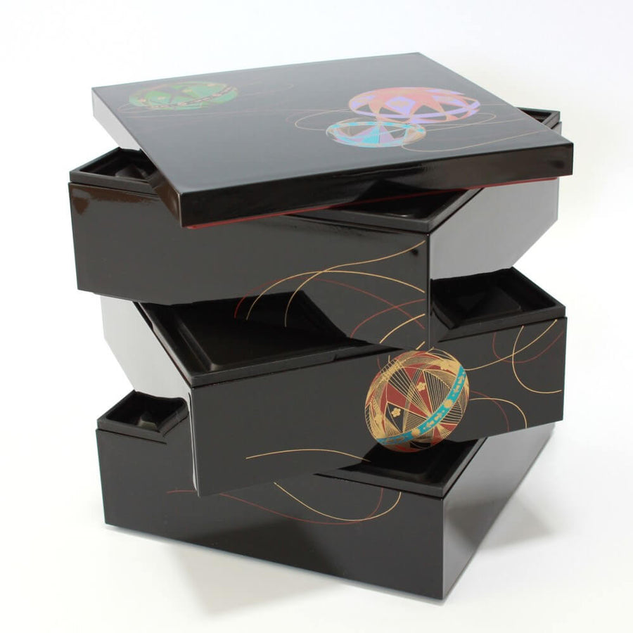 Japanese Jubako 3 tier bento box | Temari balls pattern
