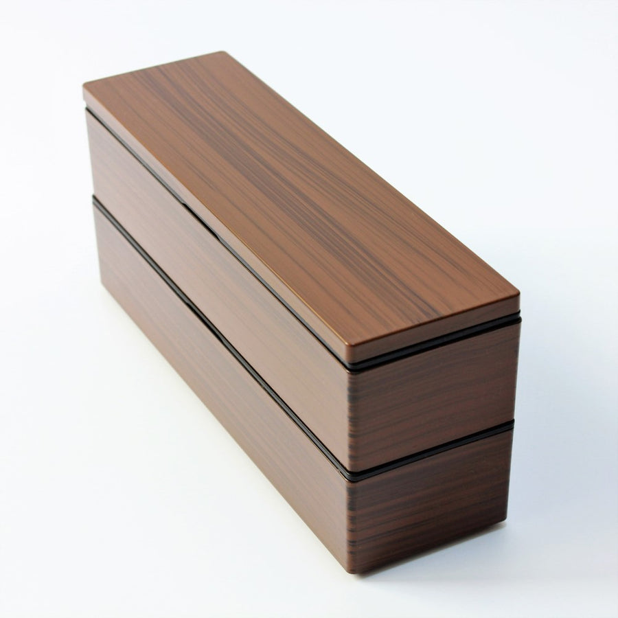 Natural Woodgrain Tone Long Slim 2 Tier Bento Box | Brown