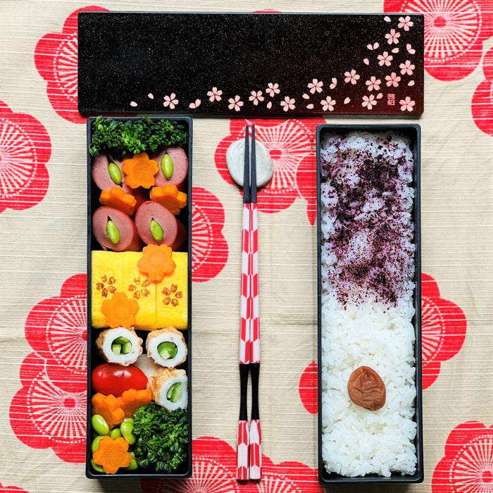 Sakura Crimson Long Slim 2 Tier Bento Box | Sakura Blossum prints