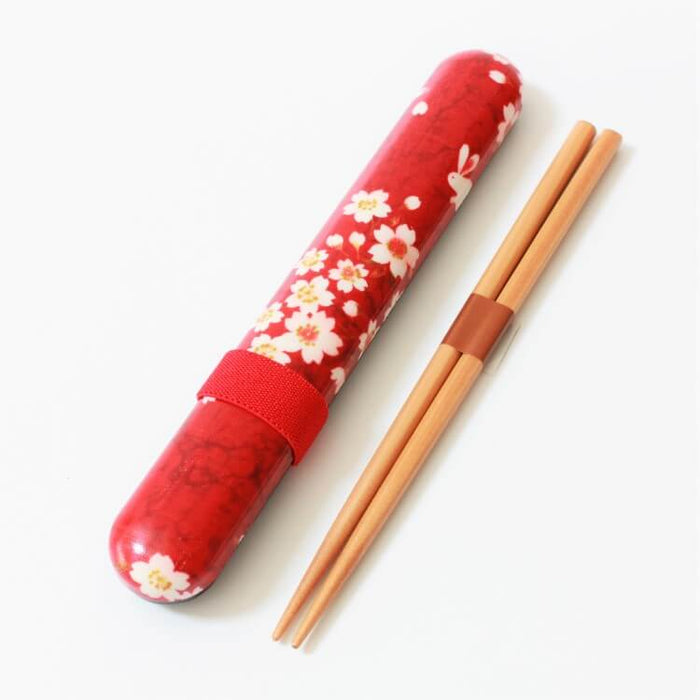 Sakura usagi red chopsticks case set | Cloth infused lid